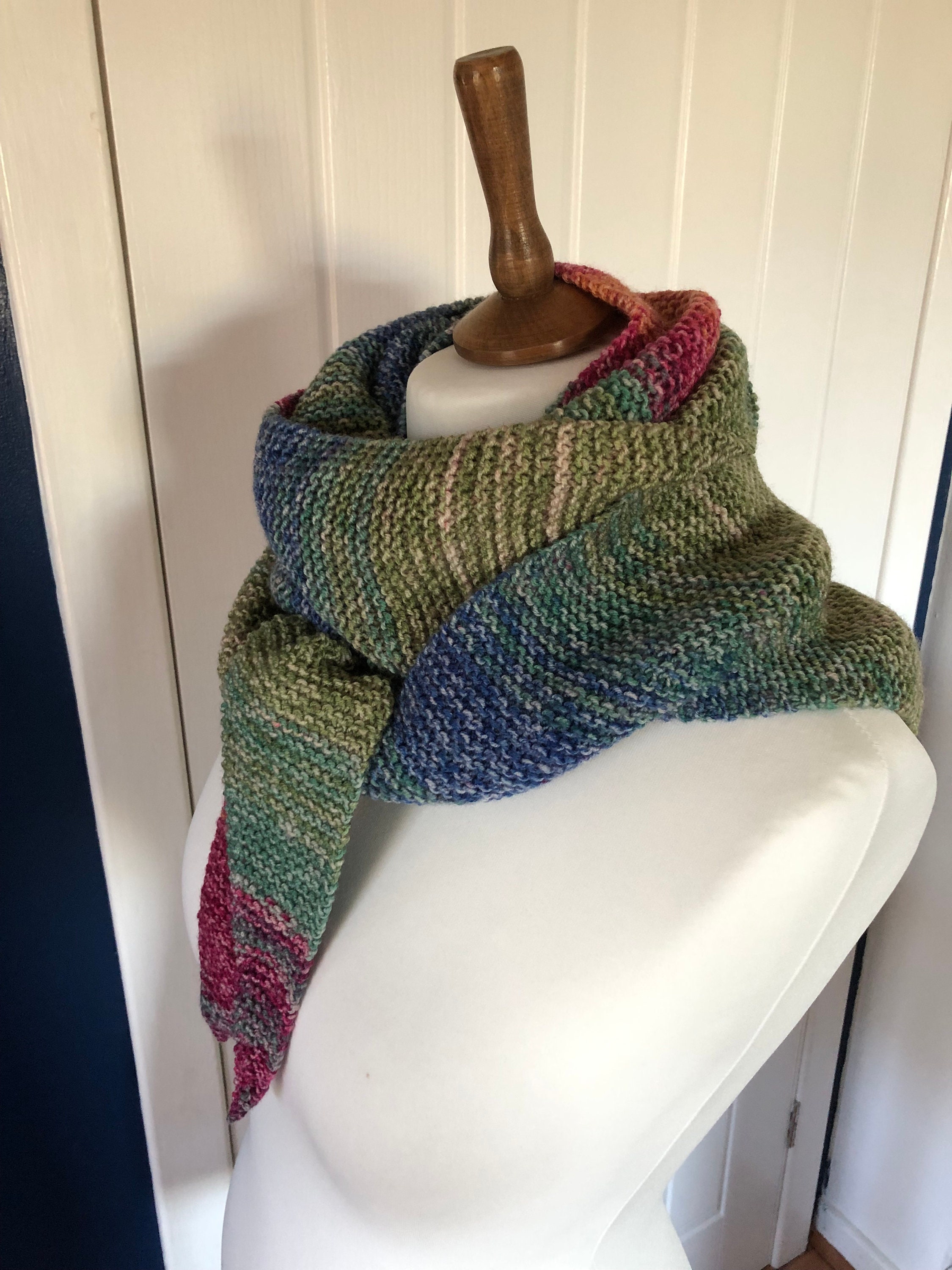 Triangular Scarf in Wave Pattern Rainbow Colours Handknitted Woollen ...
