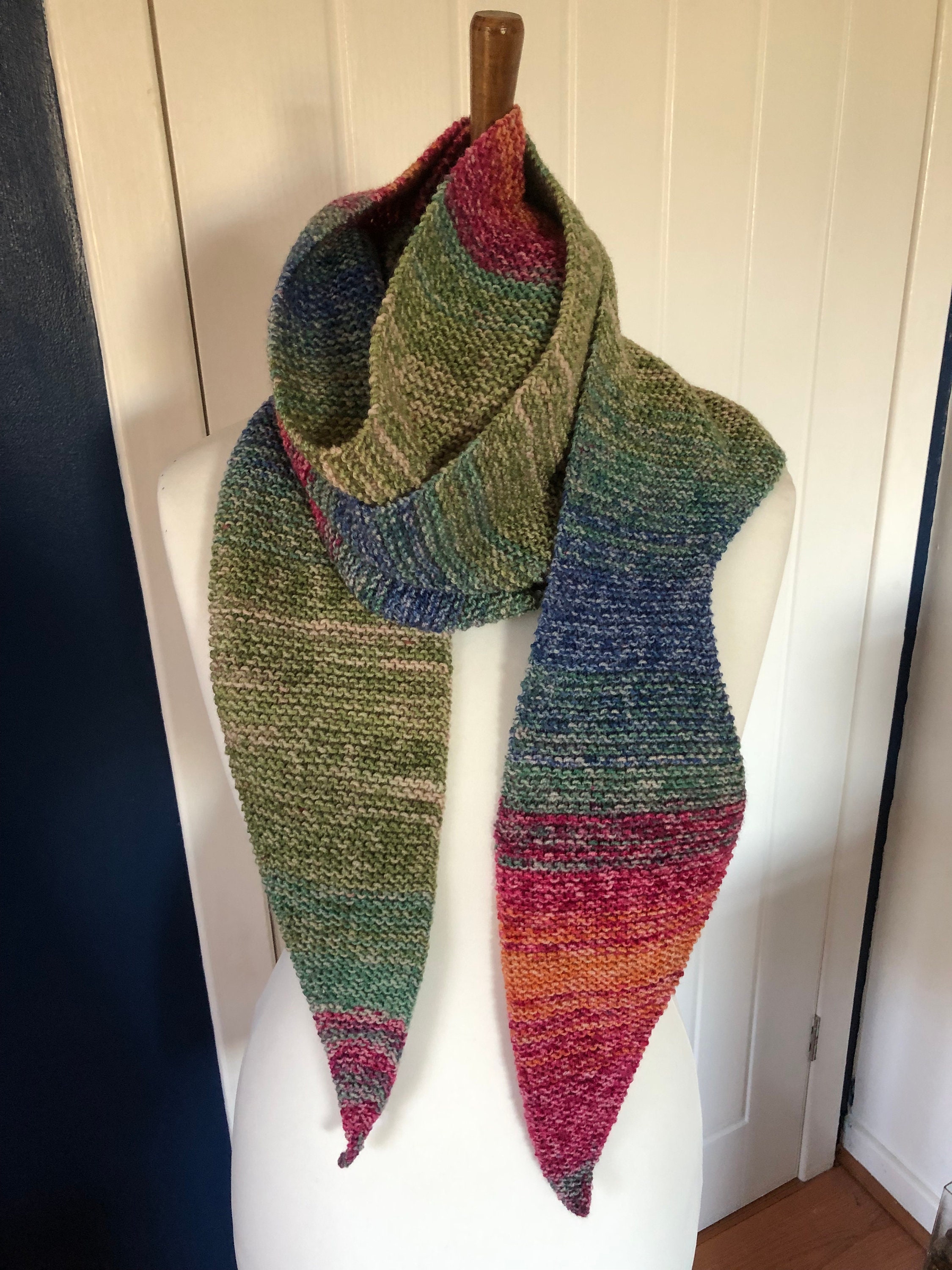 Triangular Scarf in Wave Pattern Rainbow Colours Handknitted Woollen ...