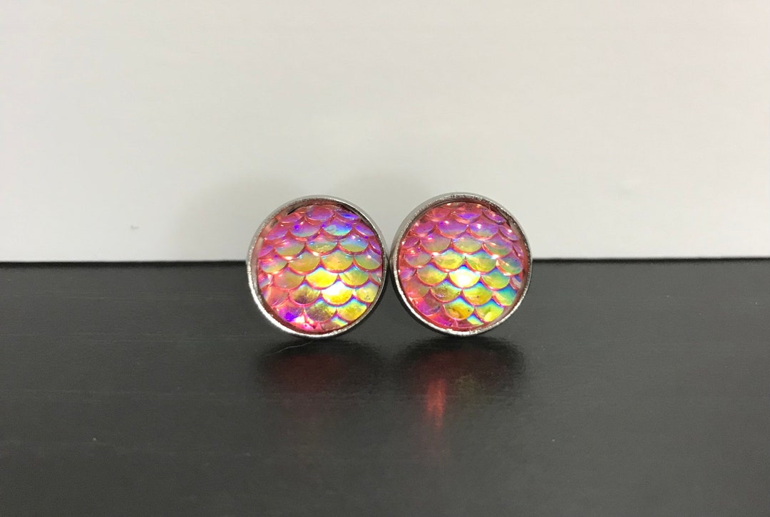 Mermaid Stud Earrings, Pink Mermaid Scale Earrings, Iridescent Pink Earrings, Lisa Frank ...