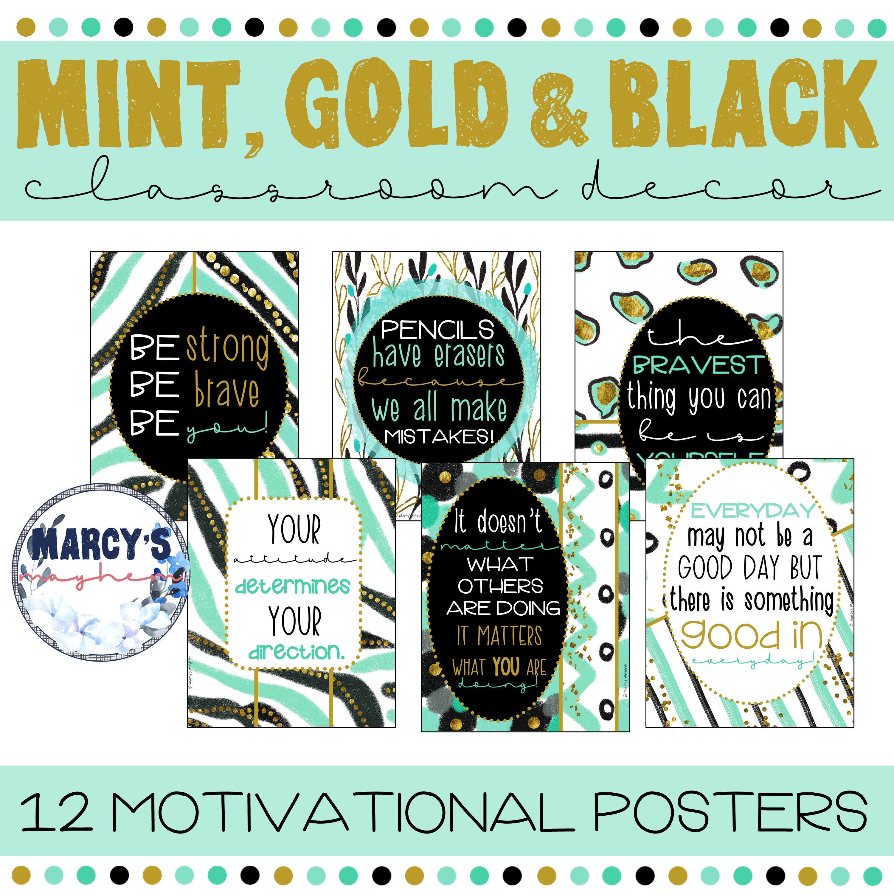 Mint, Gold, & Black Motivational Bulletin Board Posters, Inspirational ...