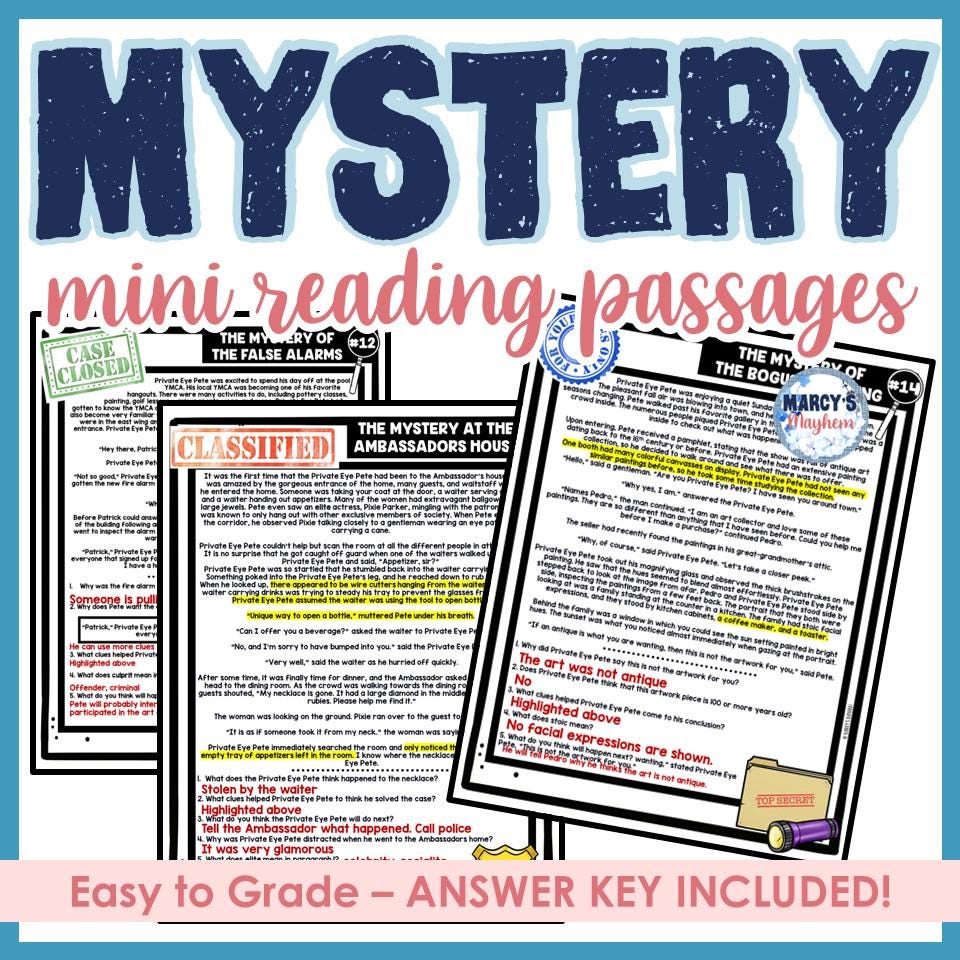 Mysteries Reading Comprehension Passages Practice Short Stories With Clues and Questions 2nd 3rd ...