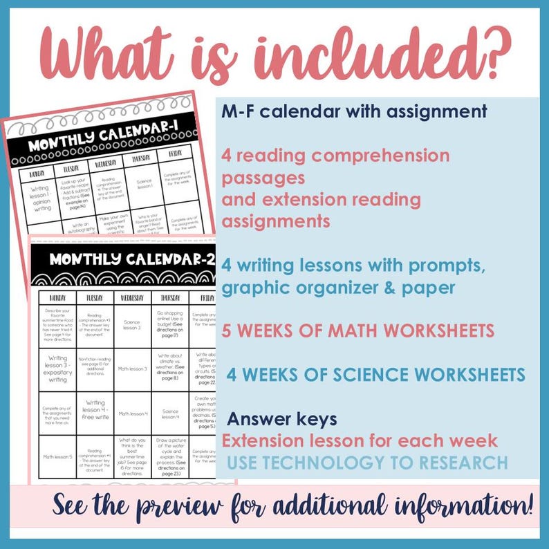 Fun Summer School Activities 4th 5th Grade Summer Review Packet Math ...