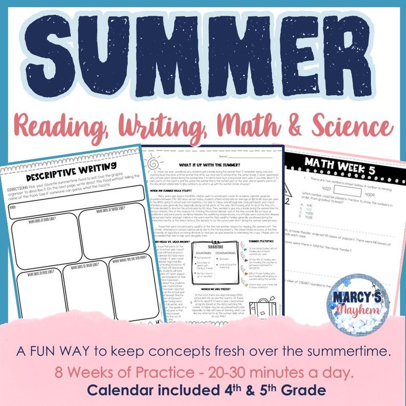 Fun Summer School Activities 4th 5th Grade Summer Review Packet Math ...