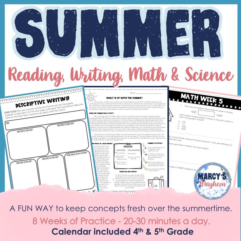 Fun Summer School Activities 4th 5th Grade Summer Review Packet Math ...