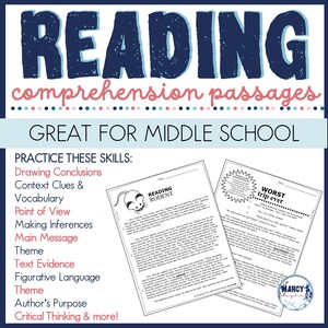Middle School Reading Comprehension Passage Worksheets 6th, 7th, 8th ...