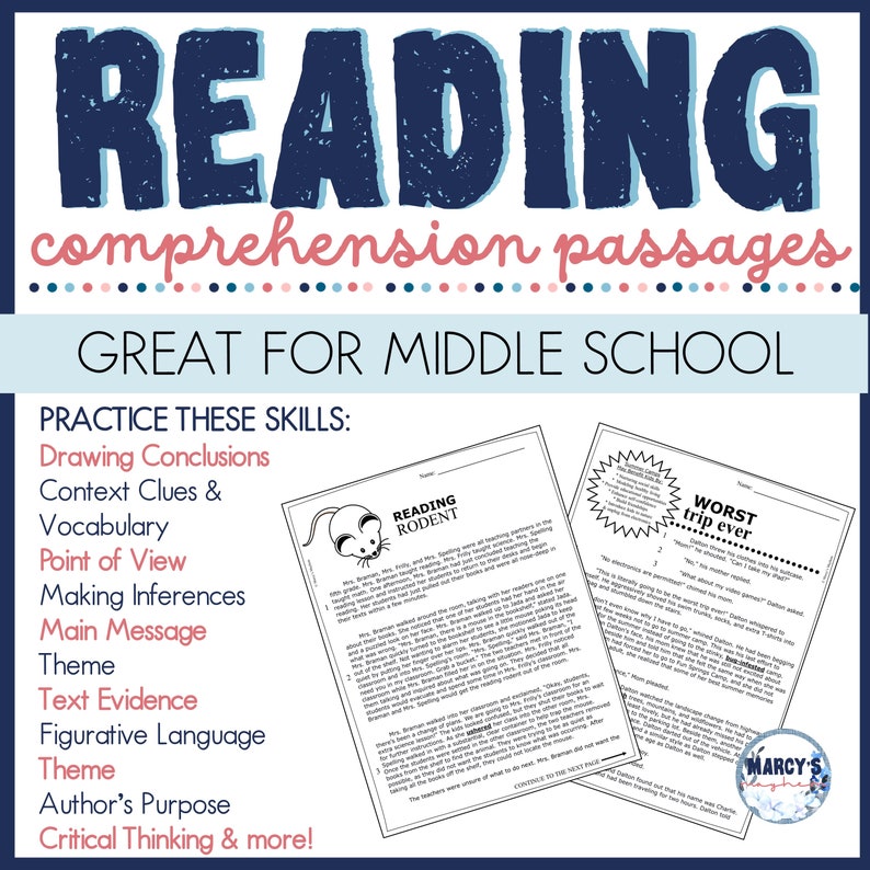 Middle School Reading Comprehension Passage Worksheets 6th, 7th, 8th ...