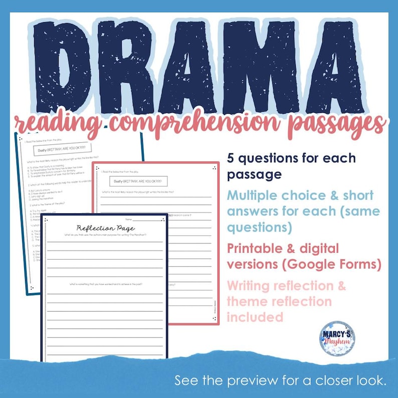 DRAMA Reading Comprehension Passages Digital, Printable Readers Theatre ...