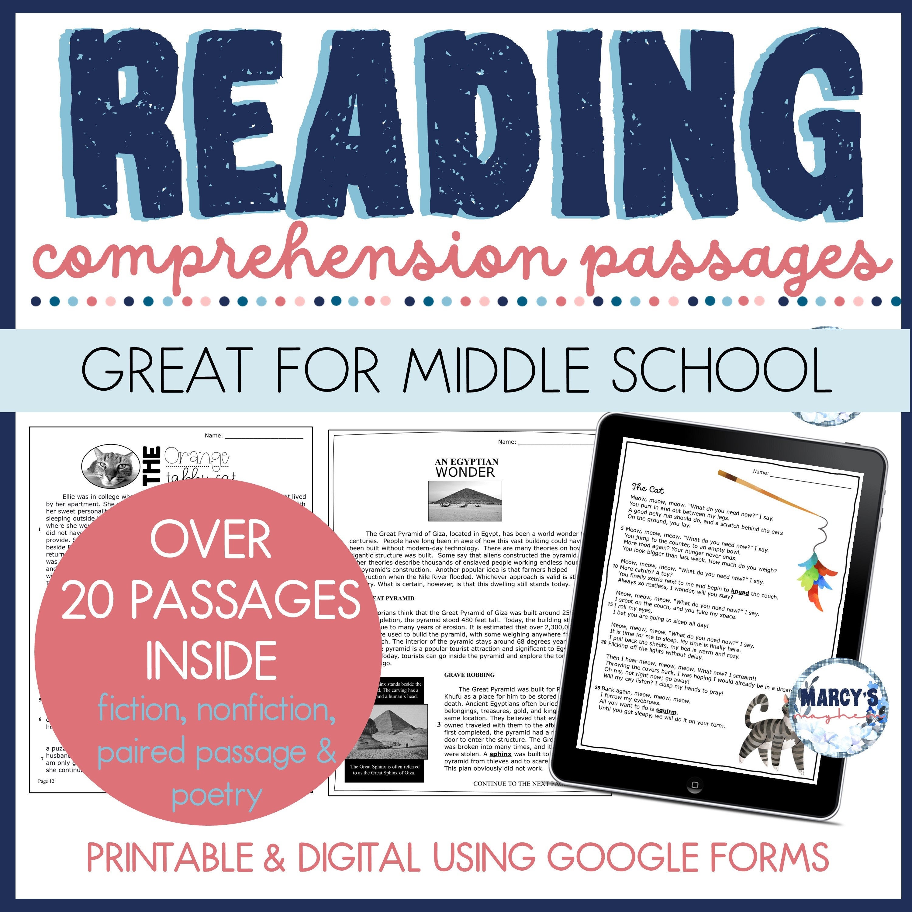 Middle School Reading Comprehension Passage Worksheets 6th, 7th, 8th ...