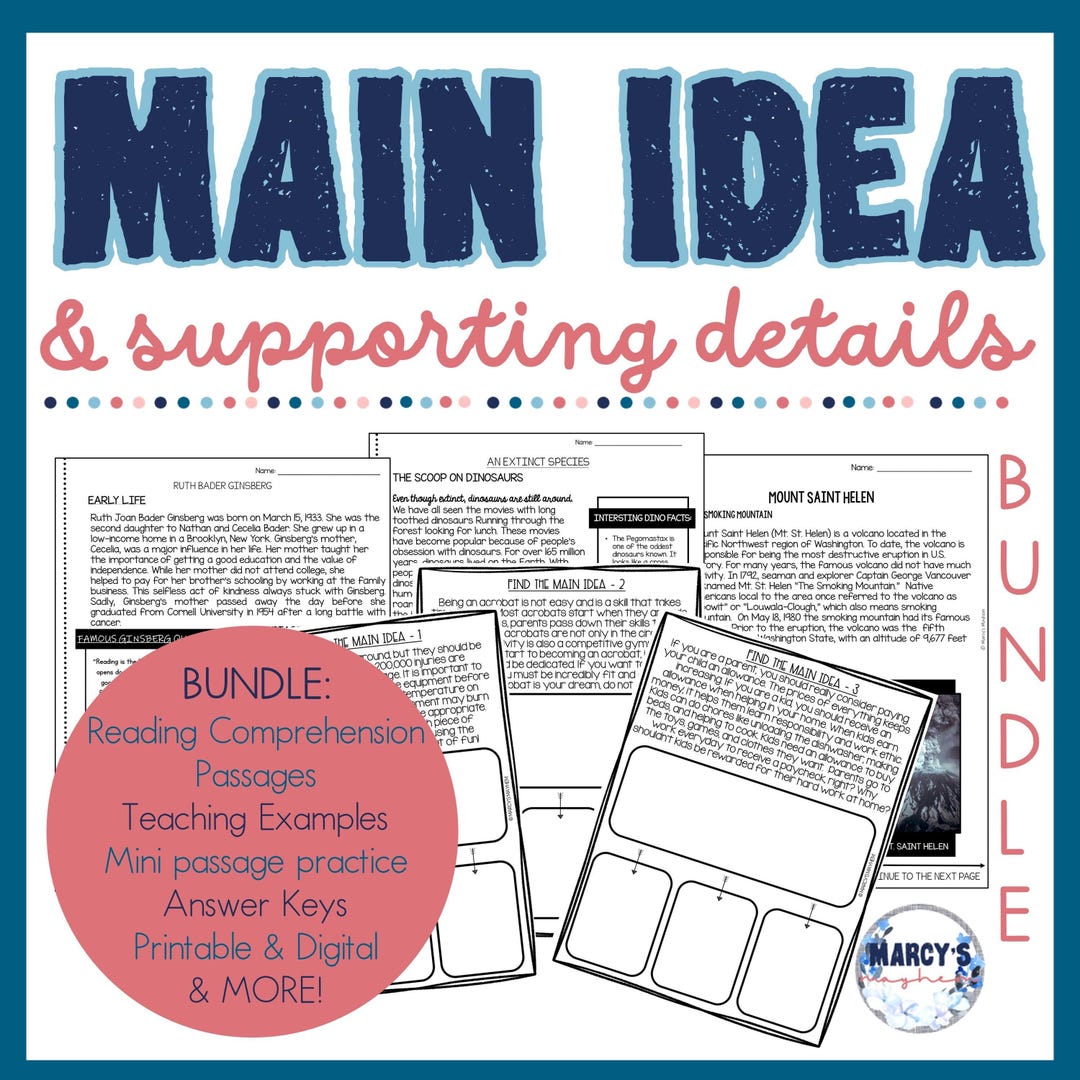 Elementary ELA Teacher Bundle Main Idea Practice Digital Printable for ...