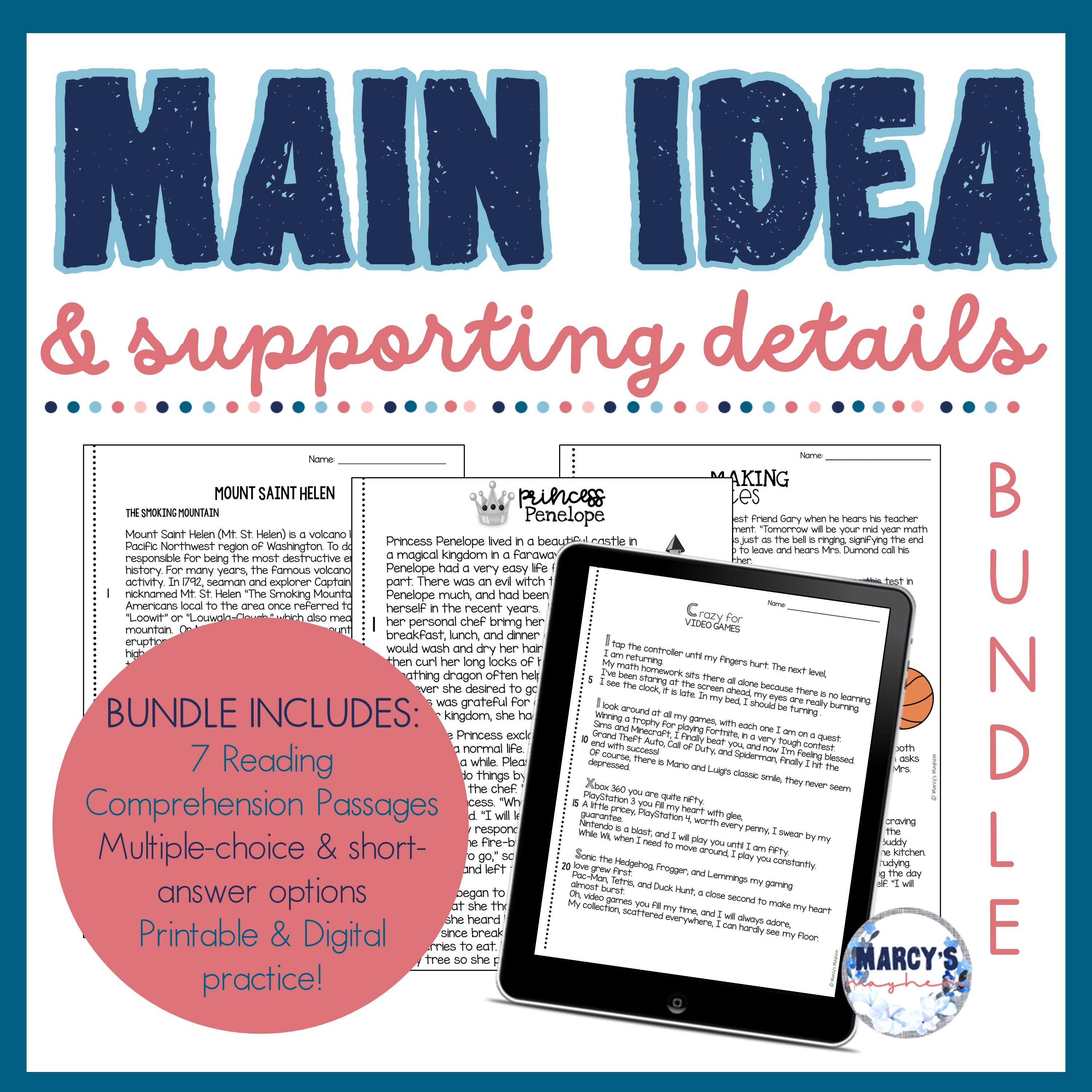 Elementary ELA Teacher Bundle Main Idea Practice Digital Printable for ...