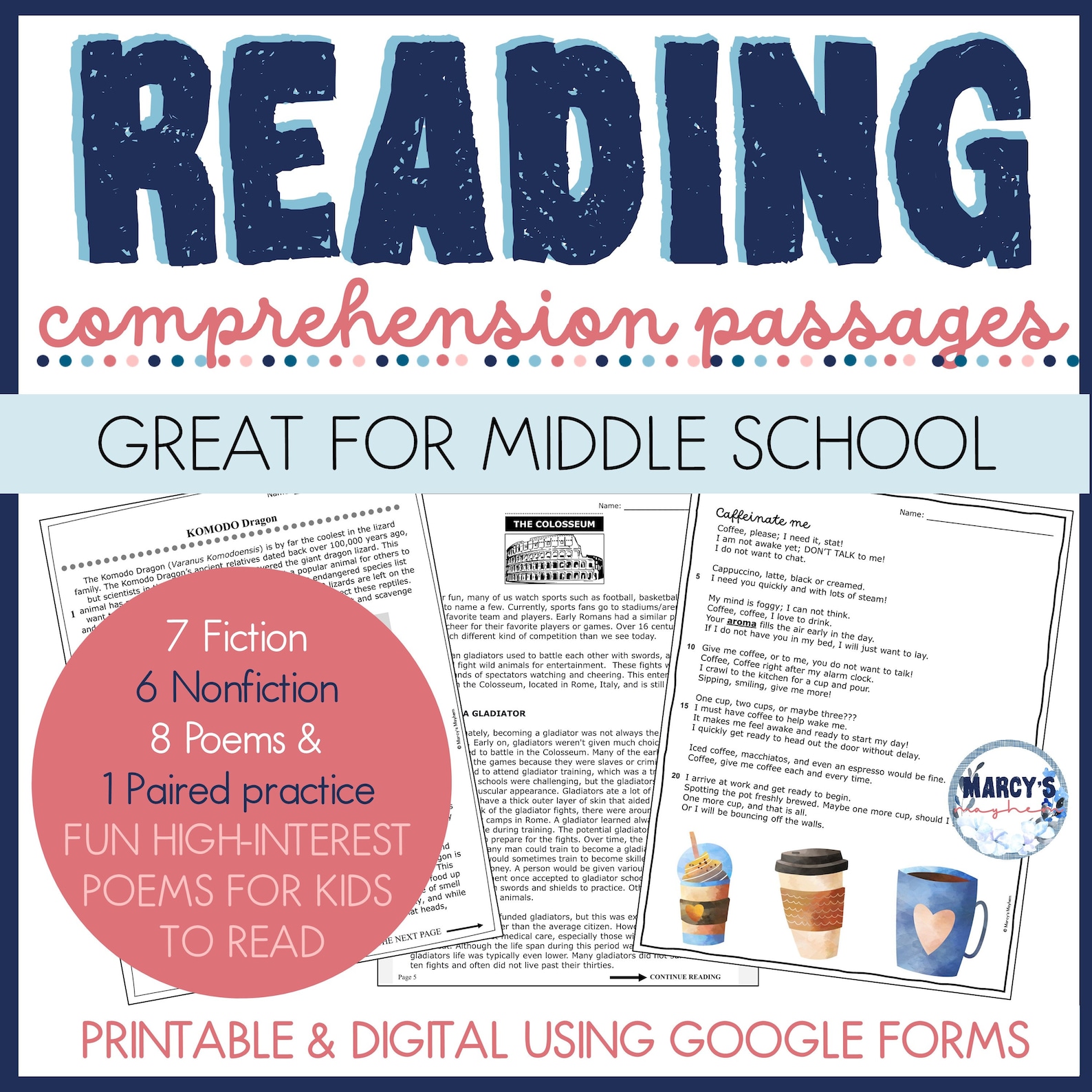 Middle School Reading Comprehension Passage Worksheets 6th, 7th, 8th ...
