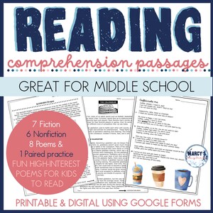 Middle School Reading Comprehension Passage Worksheets 6th, 7th, 8th ...
