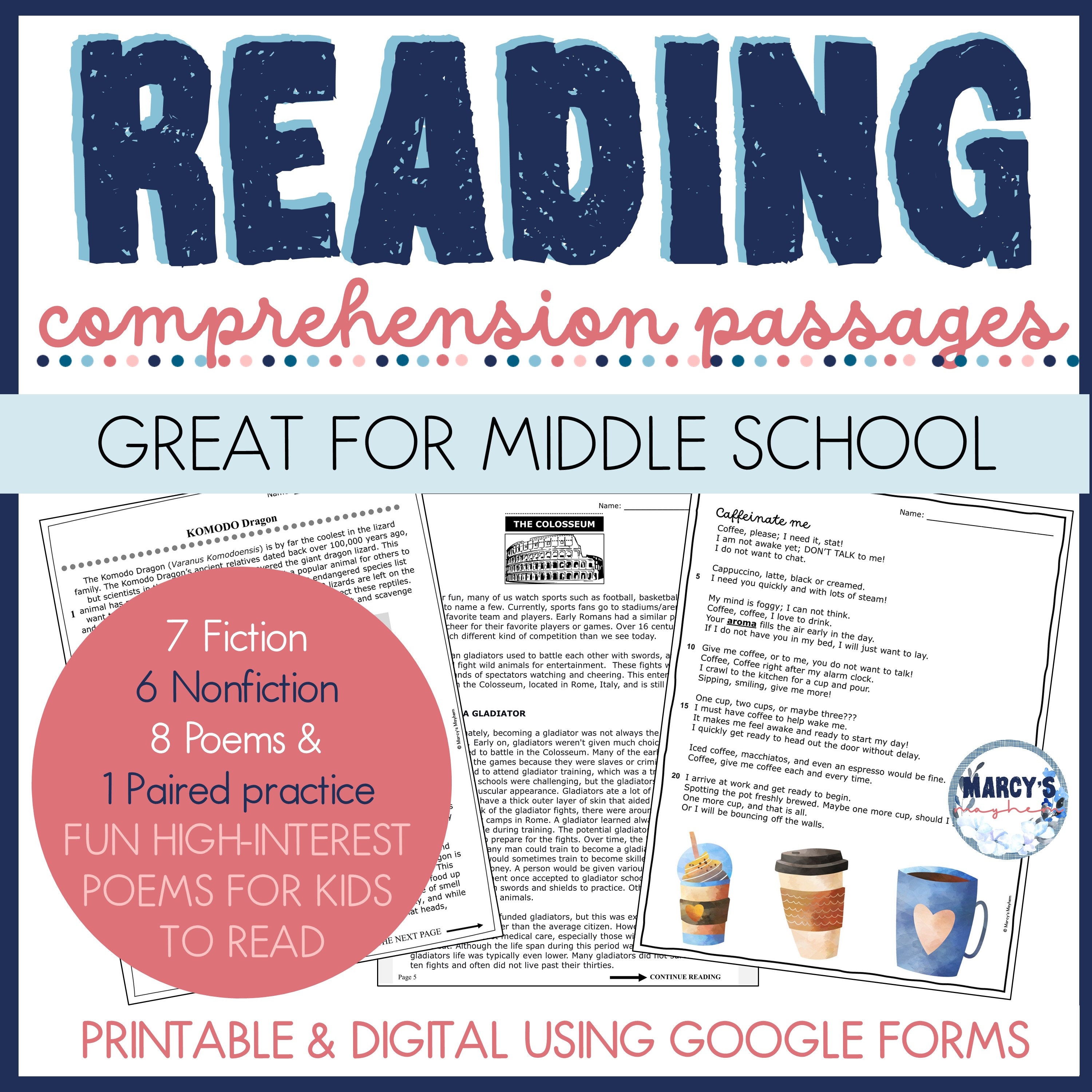 Middle School Reading Comprehension Passage Worksheets 6th, 7th, 8th ...