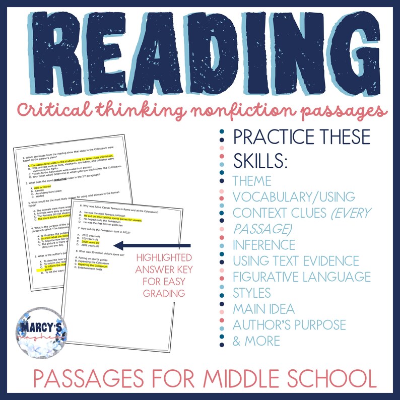 7th Grade and 8th Grade Reading Comprehension Passages Worksheet ...