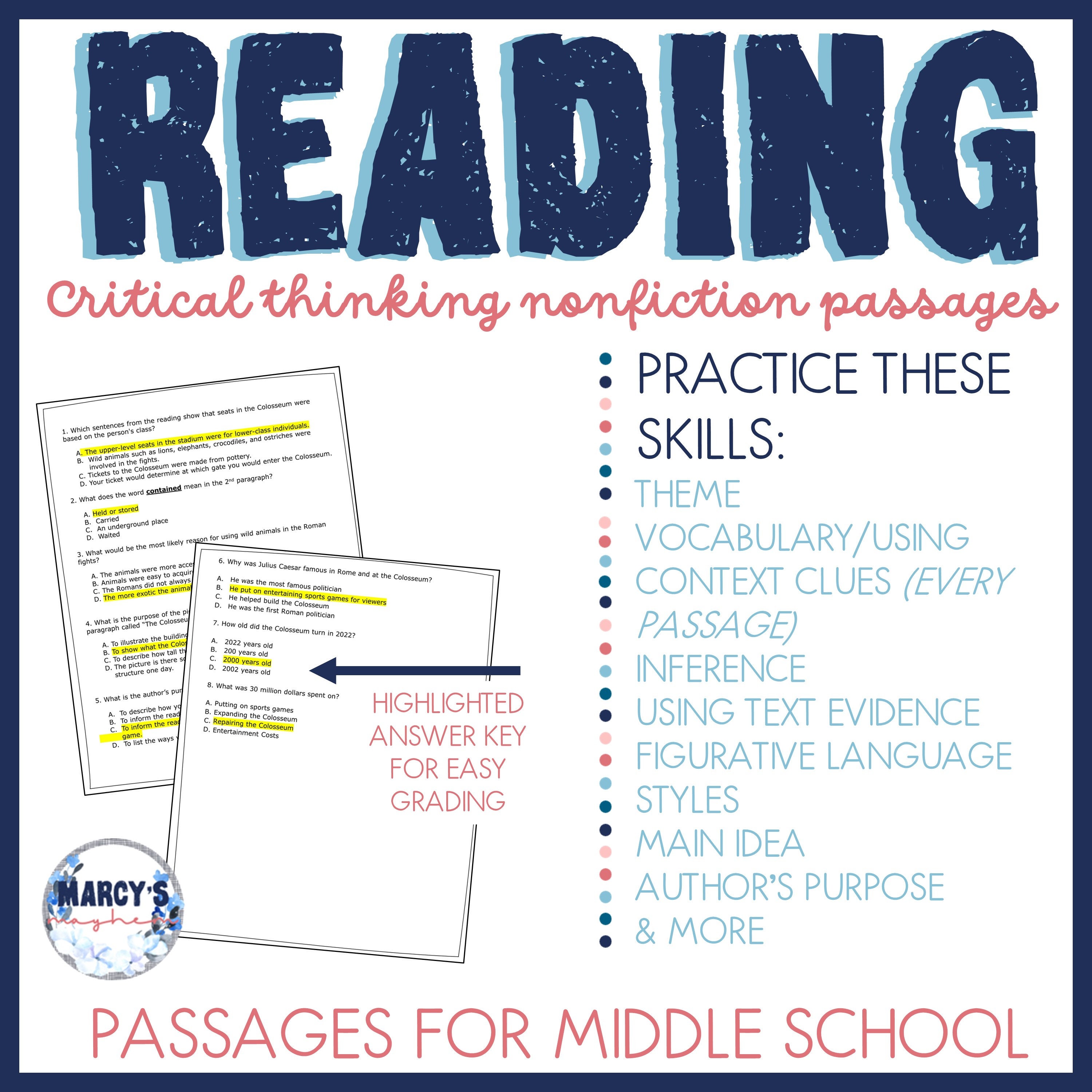 7th Grade and 8th Grade Reading Comprehension Passages Worksheet ...