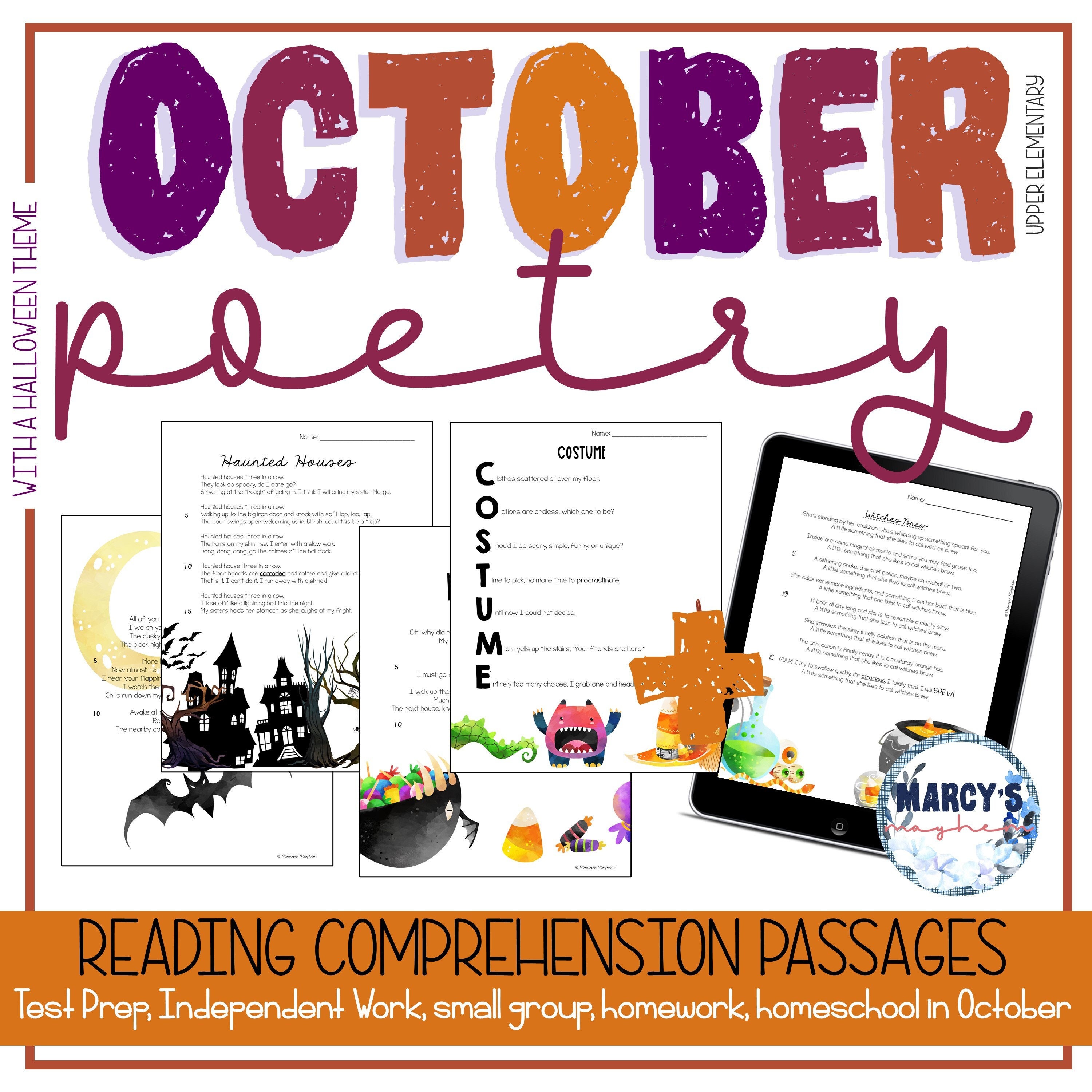 October Poetry Reading Comprehension 3rd, 4th, 5th, Fall & Halloween ...