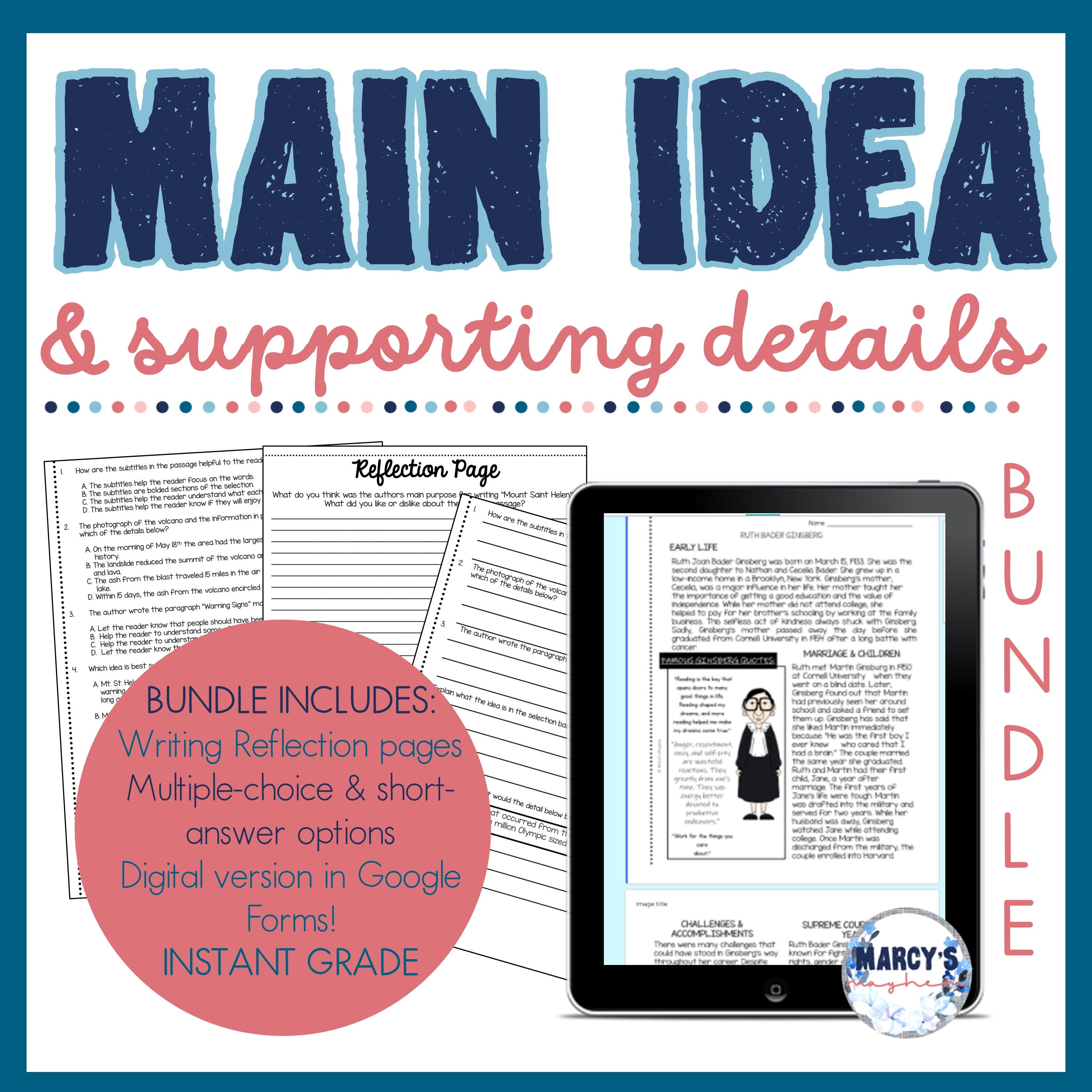 Elementary ELA Teacher Bundle Main Idea Practice Digital and Printable ...