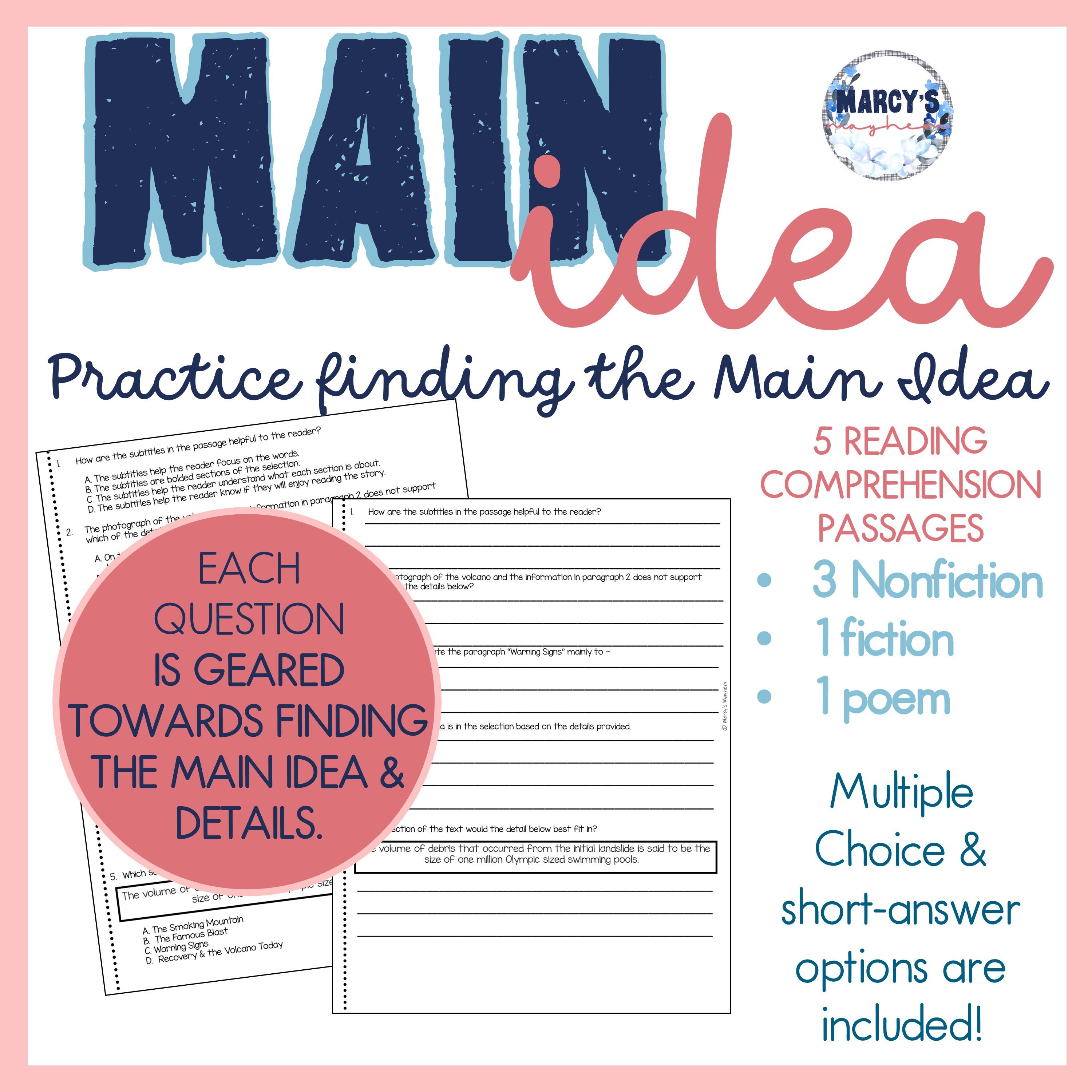 Main Idea & Supporting Details Reading Passages, Finding Main Topic ...