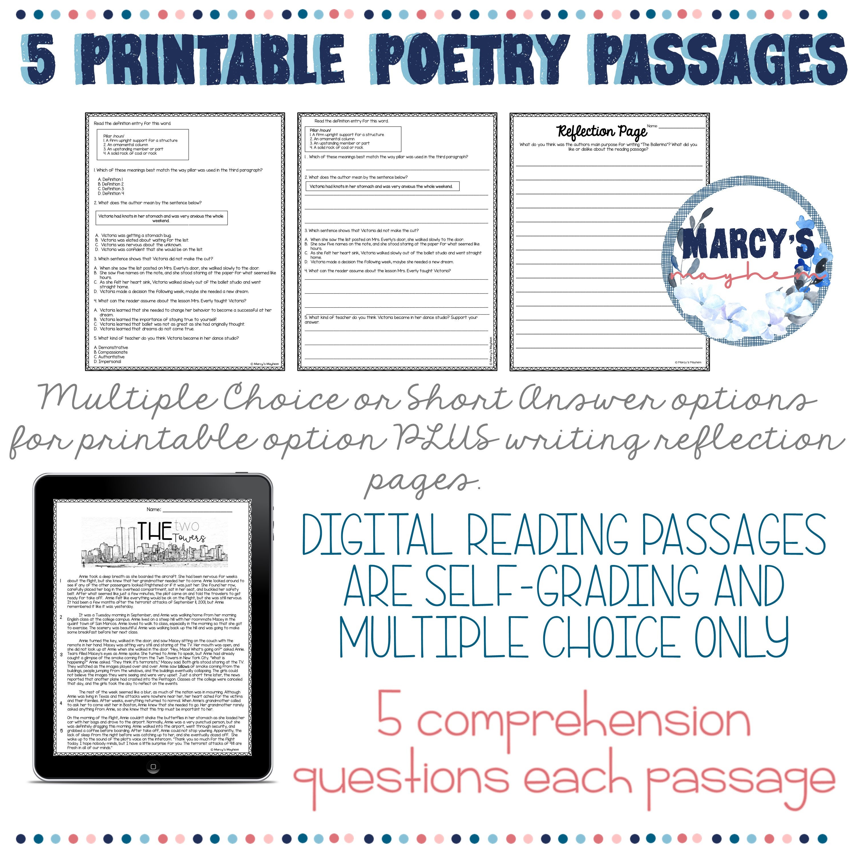 Realistic Fiction Reading Comprehension Passages & Questions Printable ...