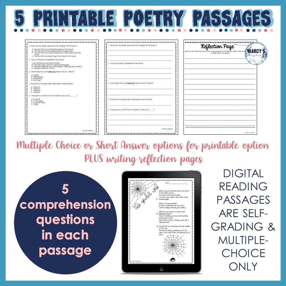 Poetry Reading Comprehension Passages 4th Grade 5th Grade, Poetry Print ...