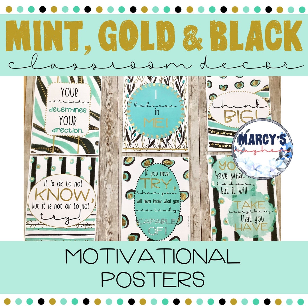 Mint, Gold, & Black Motivational Bulletin Board Posters, Inspirational ...