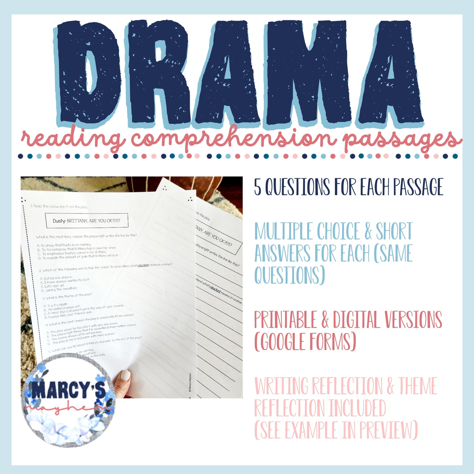 DRAMA Reading Comprehension Passages Digital Printable - Etsy