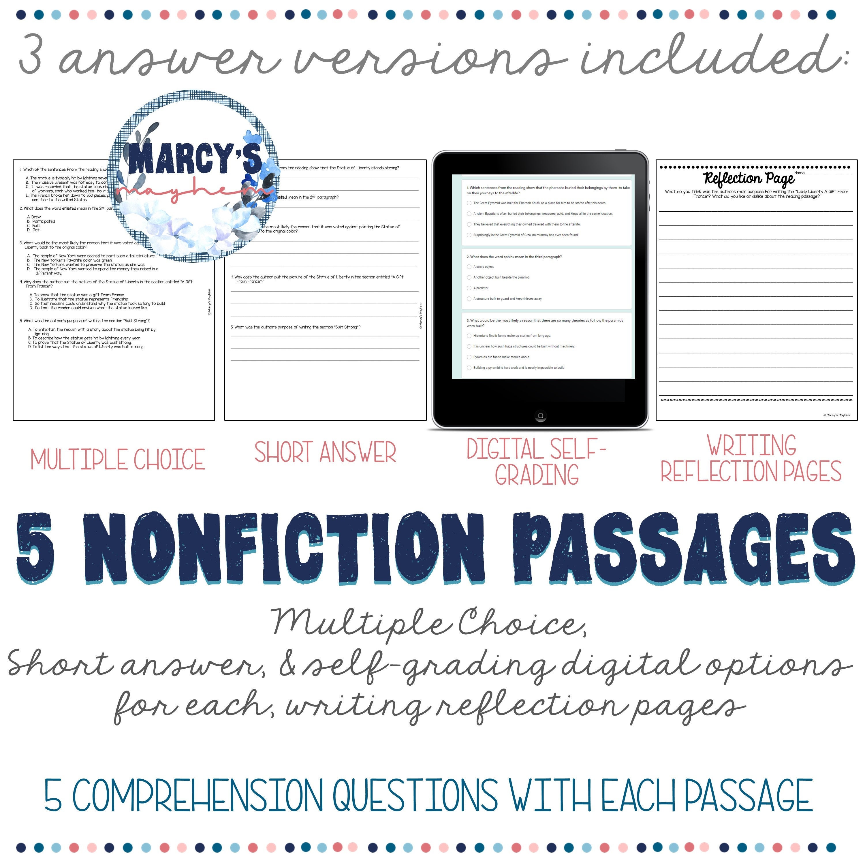 Nonfiction Reading Passages With Comprehension Questions 4th, 5th Grade ...