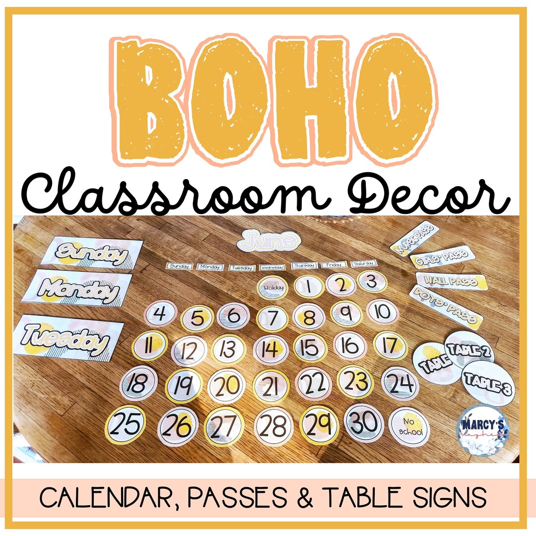 Boho Rainbow Classroom Calendar Decor - Yearly Calendar & Passes, Cute ...