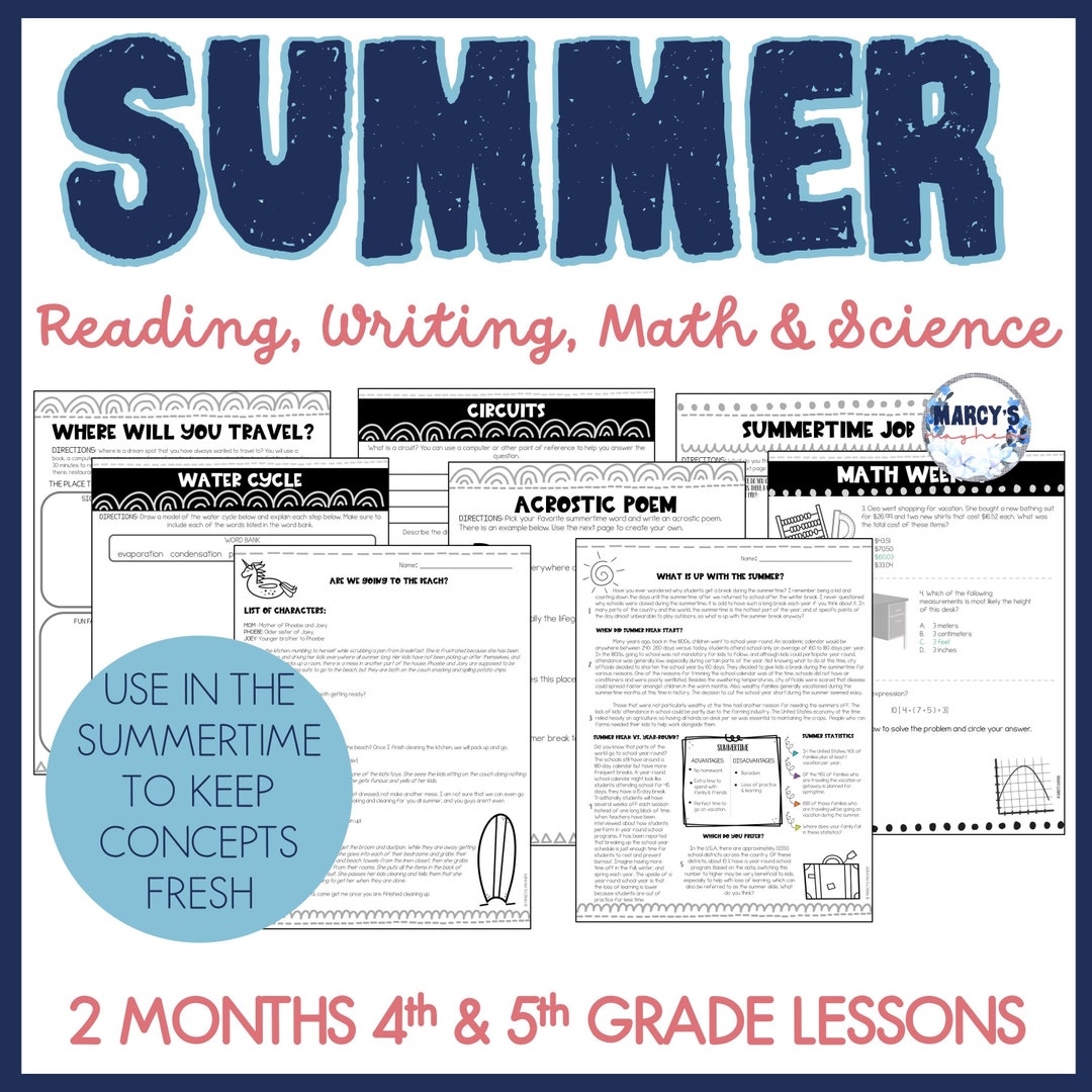 Fun Summer School Activities 4th Grade & 5th Grade Summer Review Packet ...