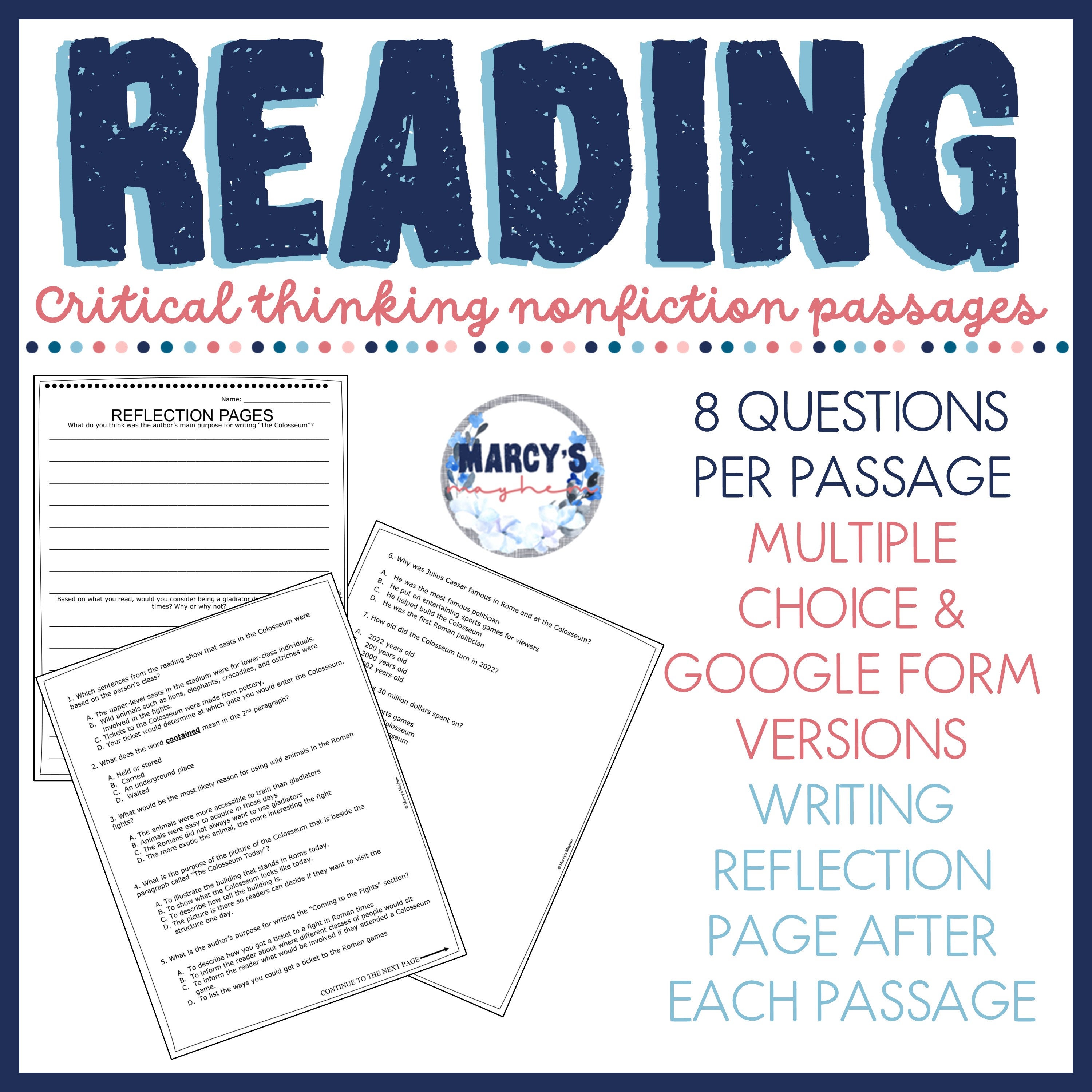 7th Grade and 8th Grade Reading Comprehension Passages Worksheet ...