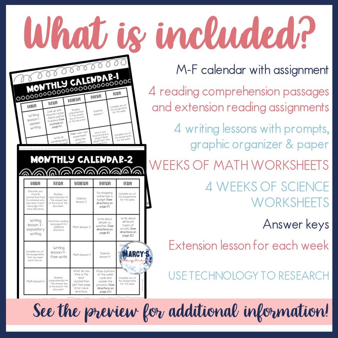 Fun Summer School Activities 4th 5th Grade Summer Review Packet Math ...