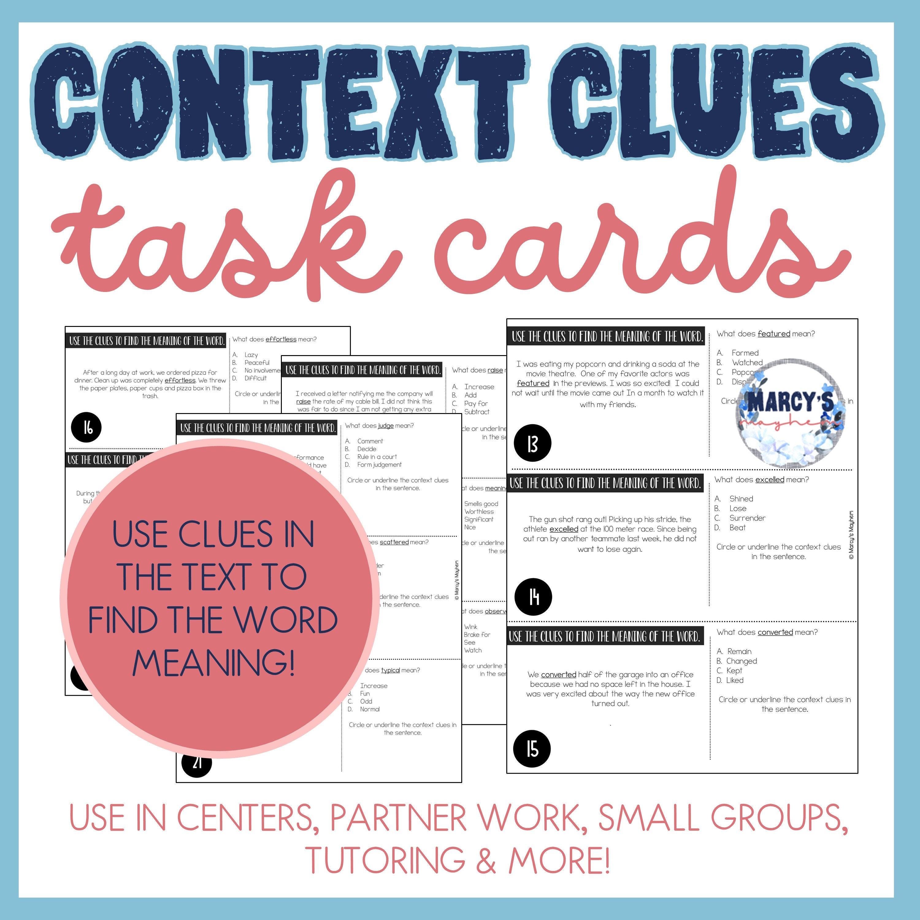 Context Clues Task Cards, Vocabulary Cards With Vocabulary Worksheets ...