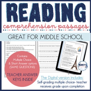 Middle School Reading Comprehension Passage Worksheets 6th, 7th, 8th ...