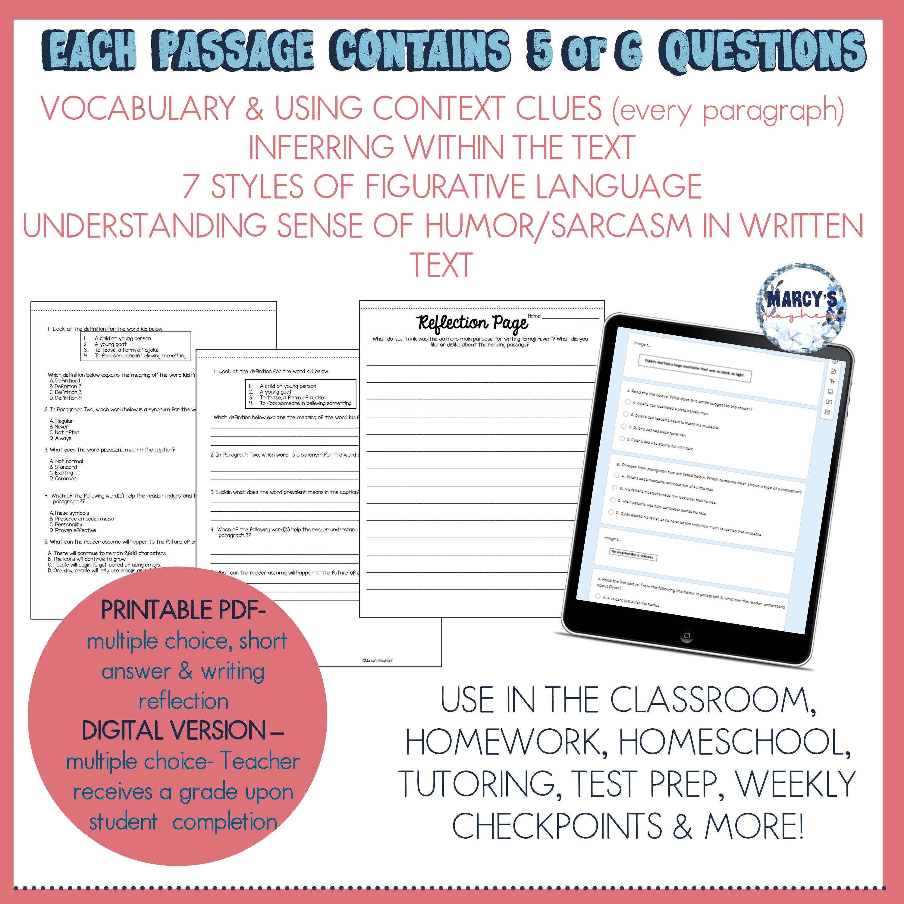 Reading Comprehension Worksheet Bundle 4th 5th-grade Vocabulary ...