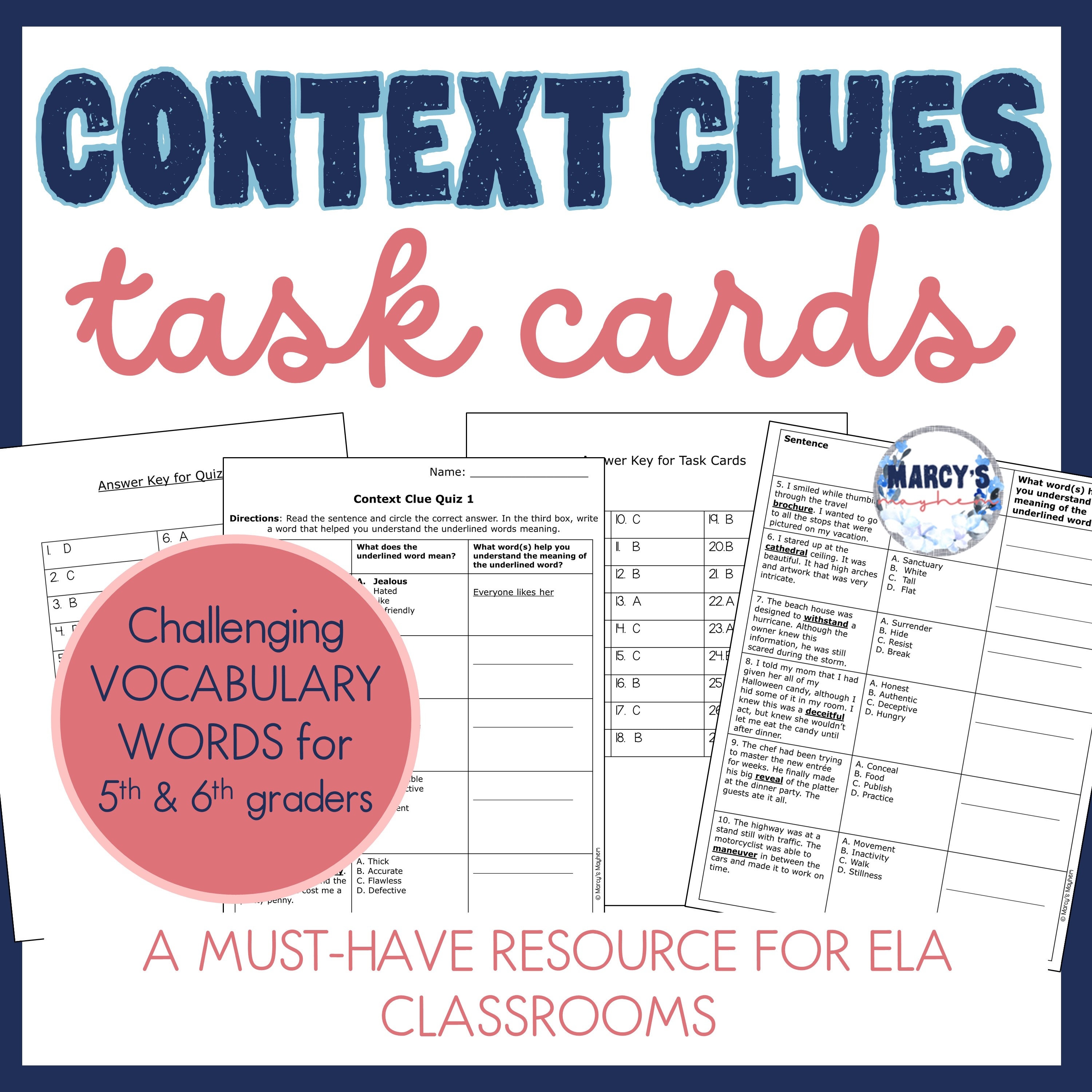 Context Clues Task Cards -vocabulary Sheet With Activities for 5th ...