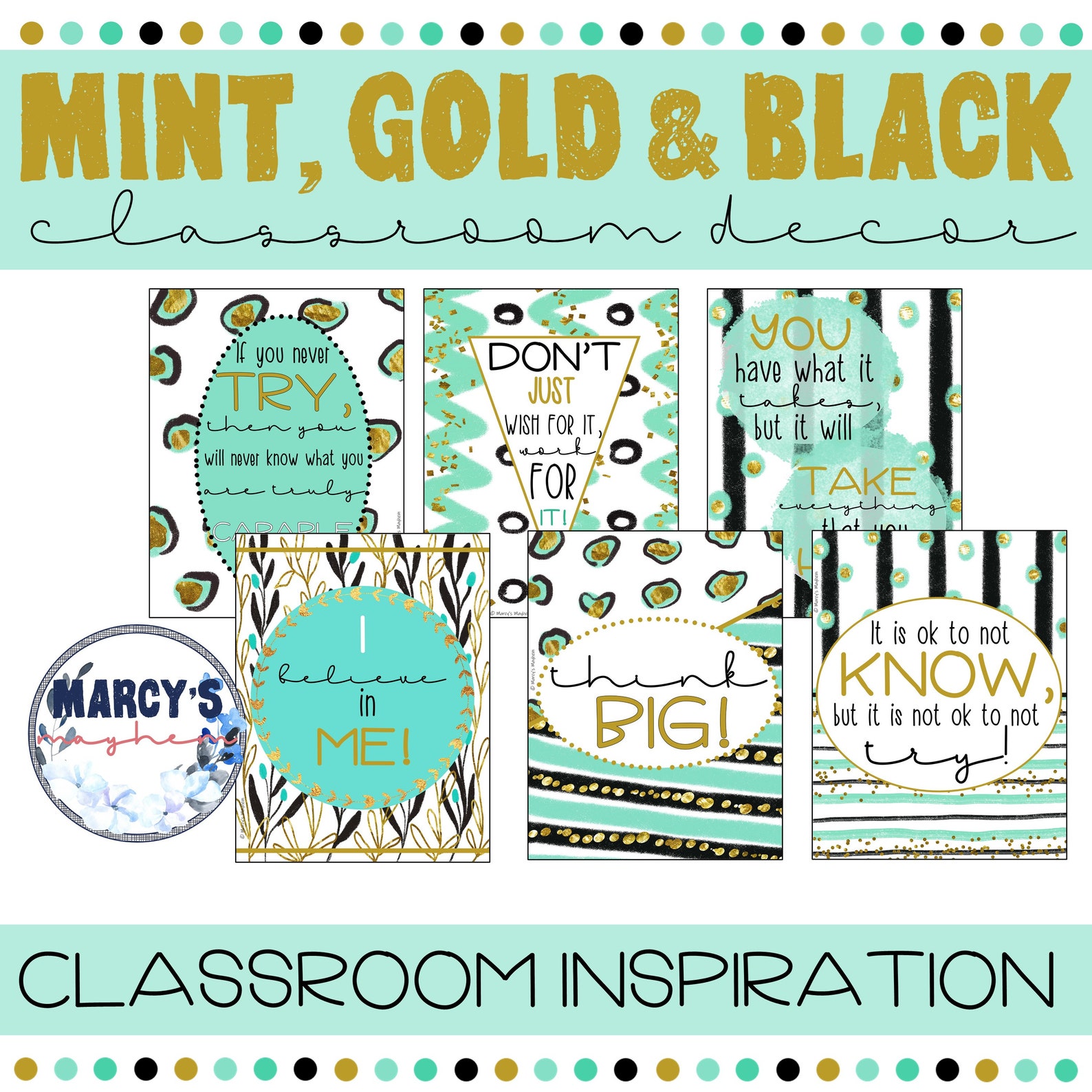 Mint, Gold, & Black Motivational Bulletin Board Posters, Inspirational ...