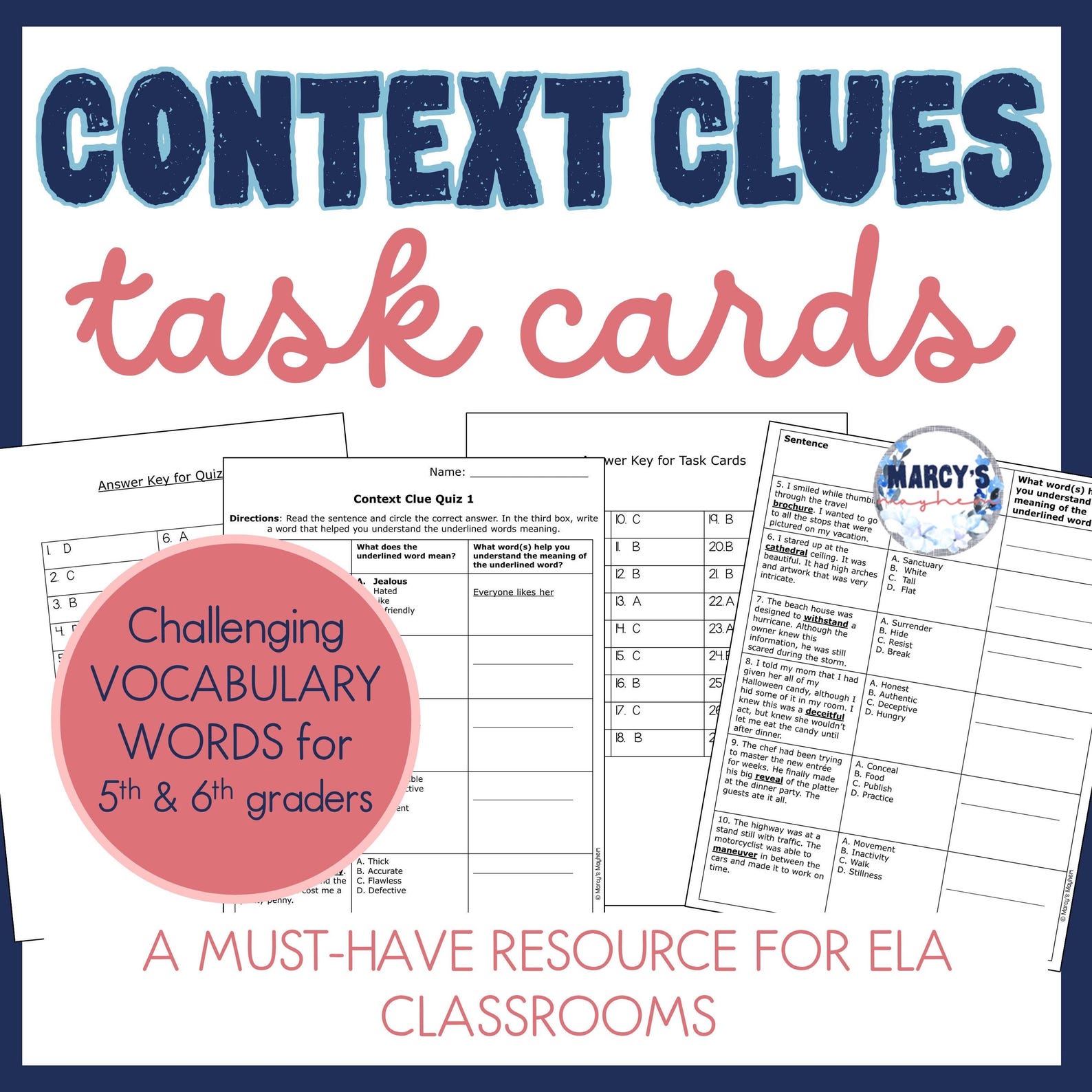 Context Clues Task Cards Vocabulary Sheet With Activities for 5th 6th ...