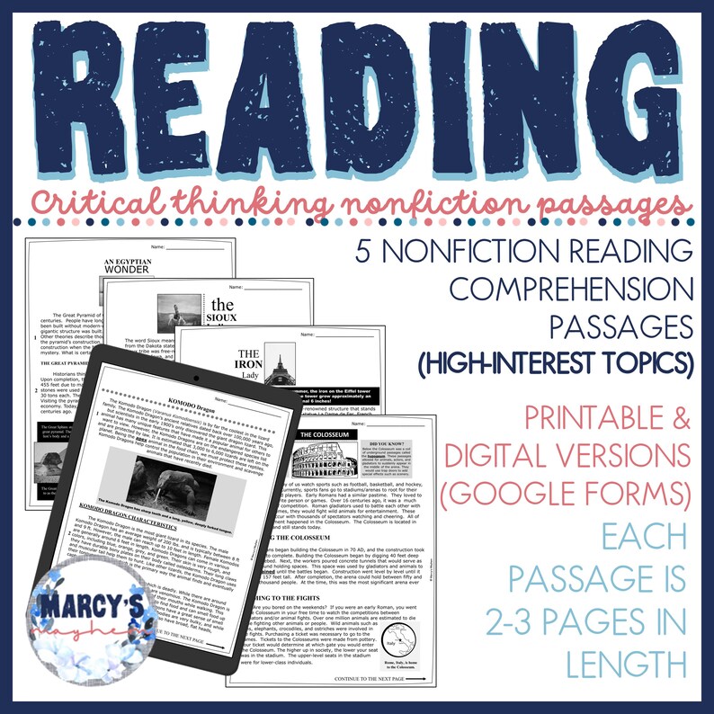 7th Grade and 8th Grade Reading Comprehension Passages Worksheet ...