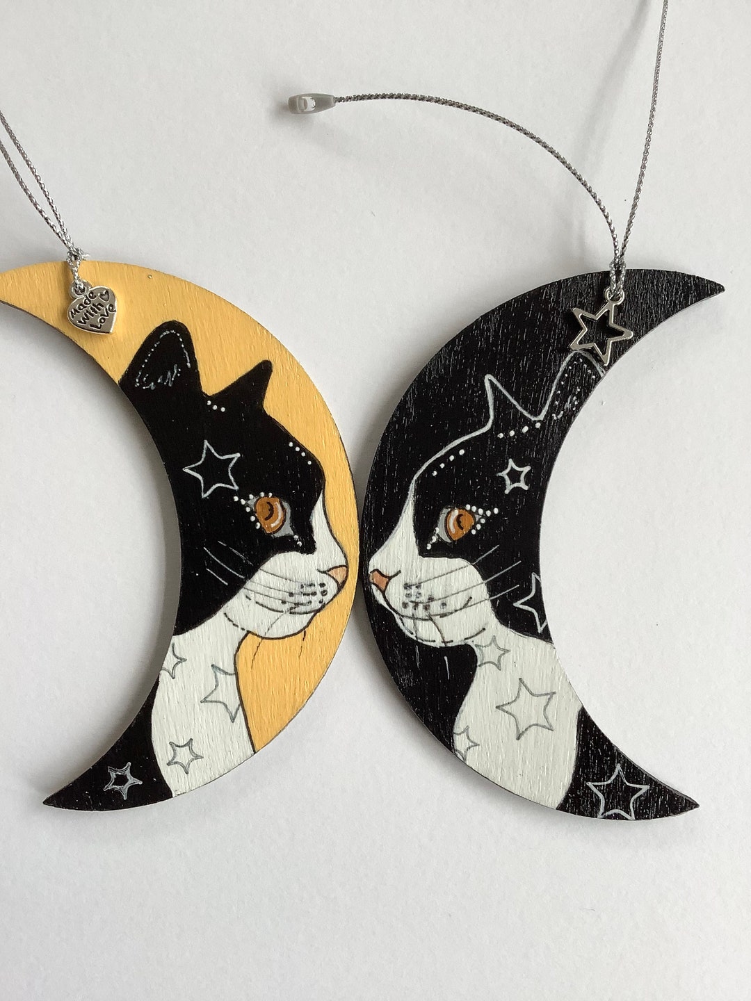 Cat Moons Tuxedo Tabby and Bi Colour Hand Painted Wooden Moons With ...