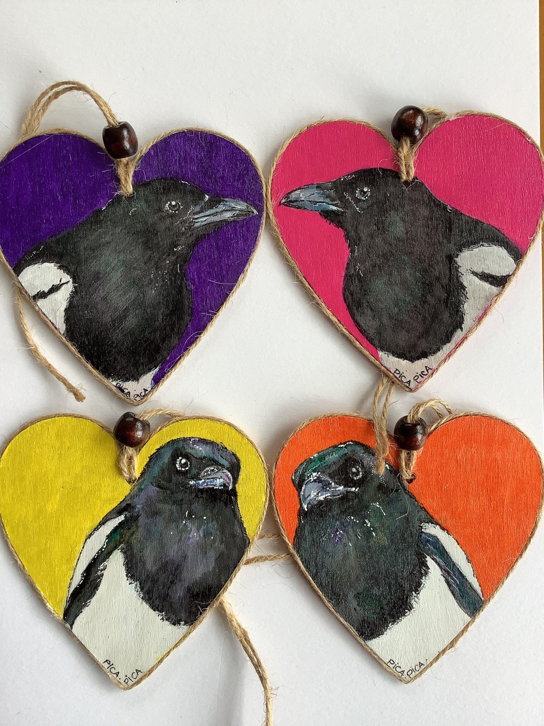 Magnificent Magpies Wooden Heart Decorations Hand Painted Approx 10cms ...