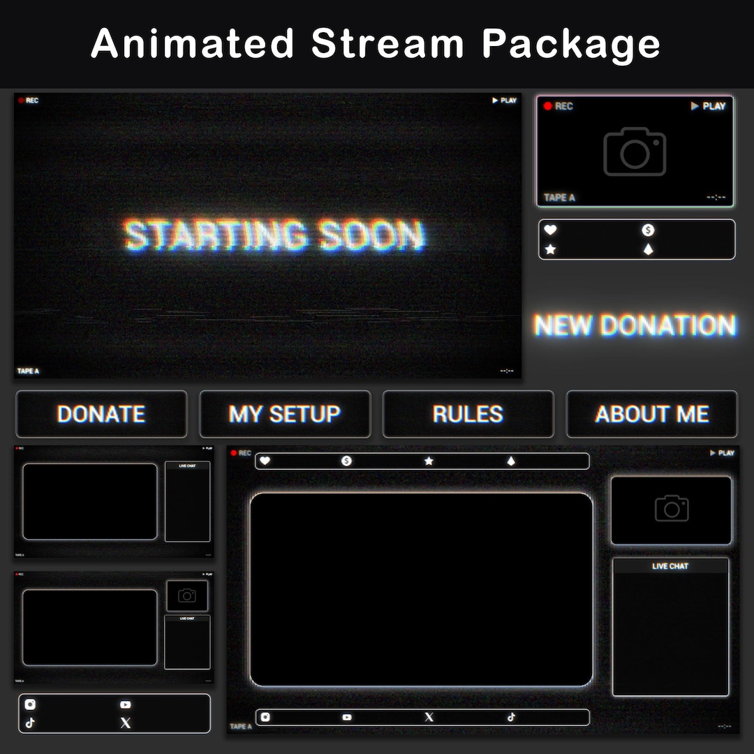 Animated Twitch Overlay Package Retro TV VHS, Dark Stream Glitch OBS ...