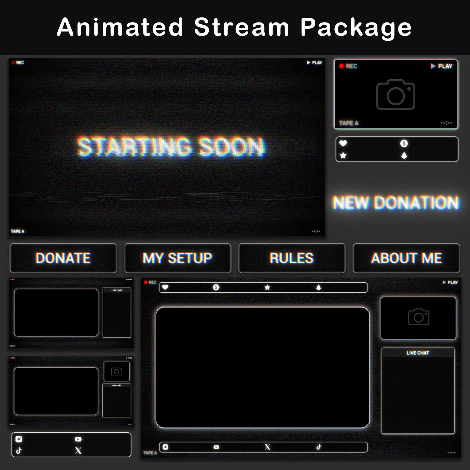 Animated Twitch Overlay Pack: Retro CRT TV Style Glitch, Dark Stream ...