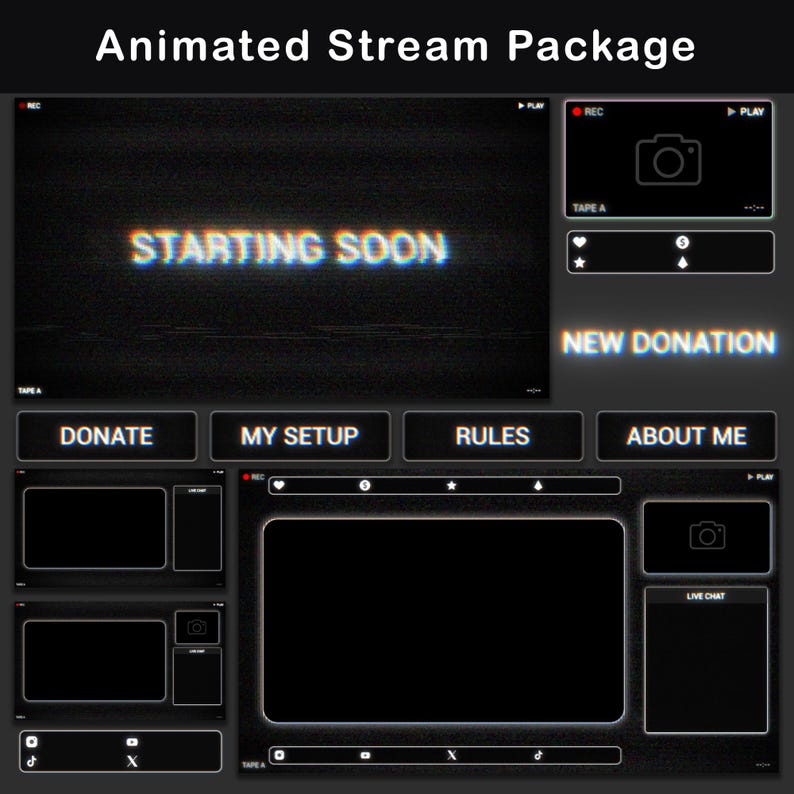 Animated Twitch Overlay Package Retro TV VHS, Dark Stream Glitch OBS ...
