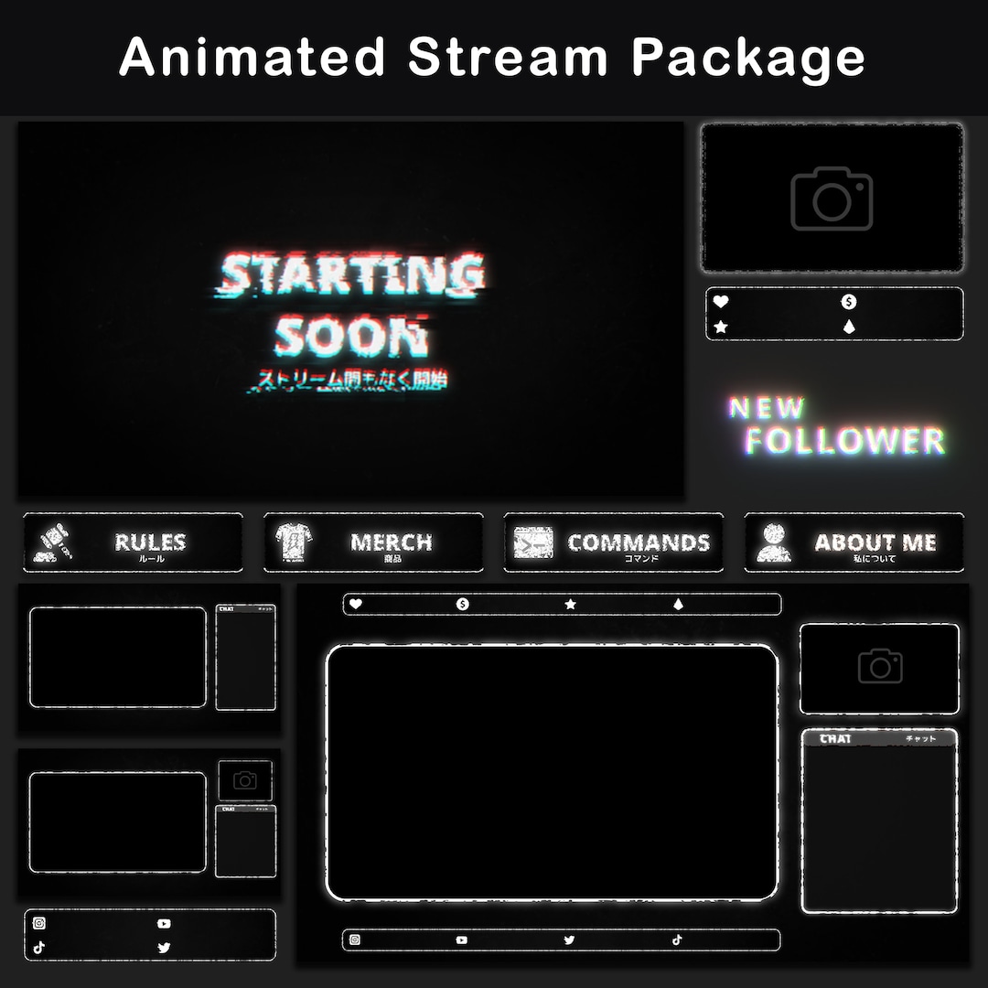 Animated Black & White Twitch Overlay Pack, Dark Glitch Stream Package ...