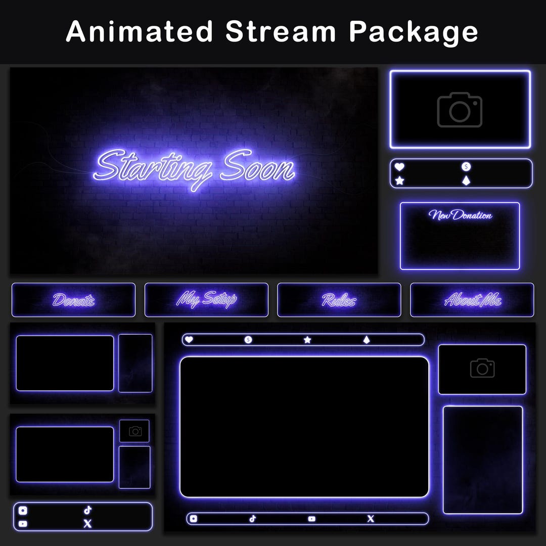 Animated Neon Twitch Overlay Pack, Blue Stream Layout for OBS ...