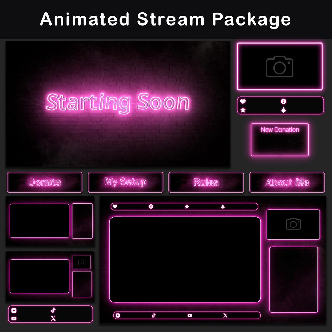 Animated Neon Twitch Overlay Package, Pink Stream OBS Overlay Pack ...