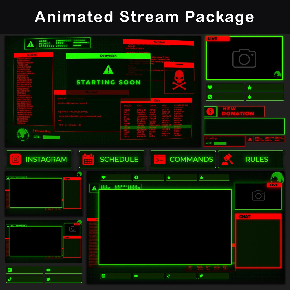 Animated Retro Twitch Overlay, Stream Package, Green & Red Computer ...
