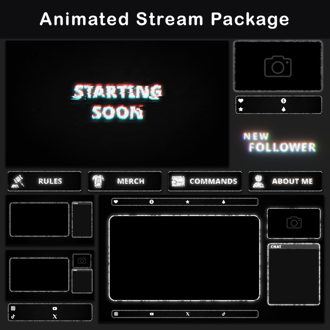 Black & White Animated Twitch Overlay Glitch Effect Stream Package OBS ...