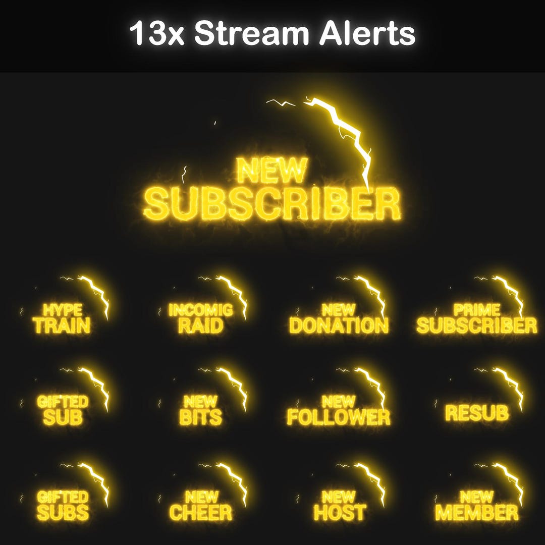 Yellow Electric Animated Stream Alerts Pack for Twitch | 13x Lightning ...