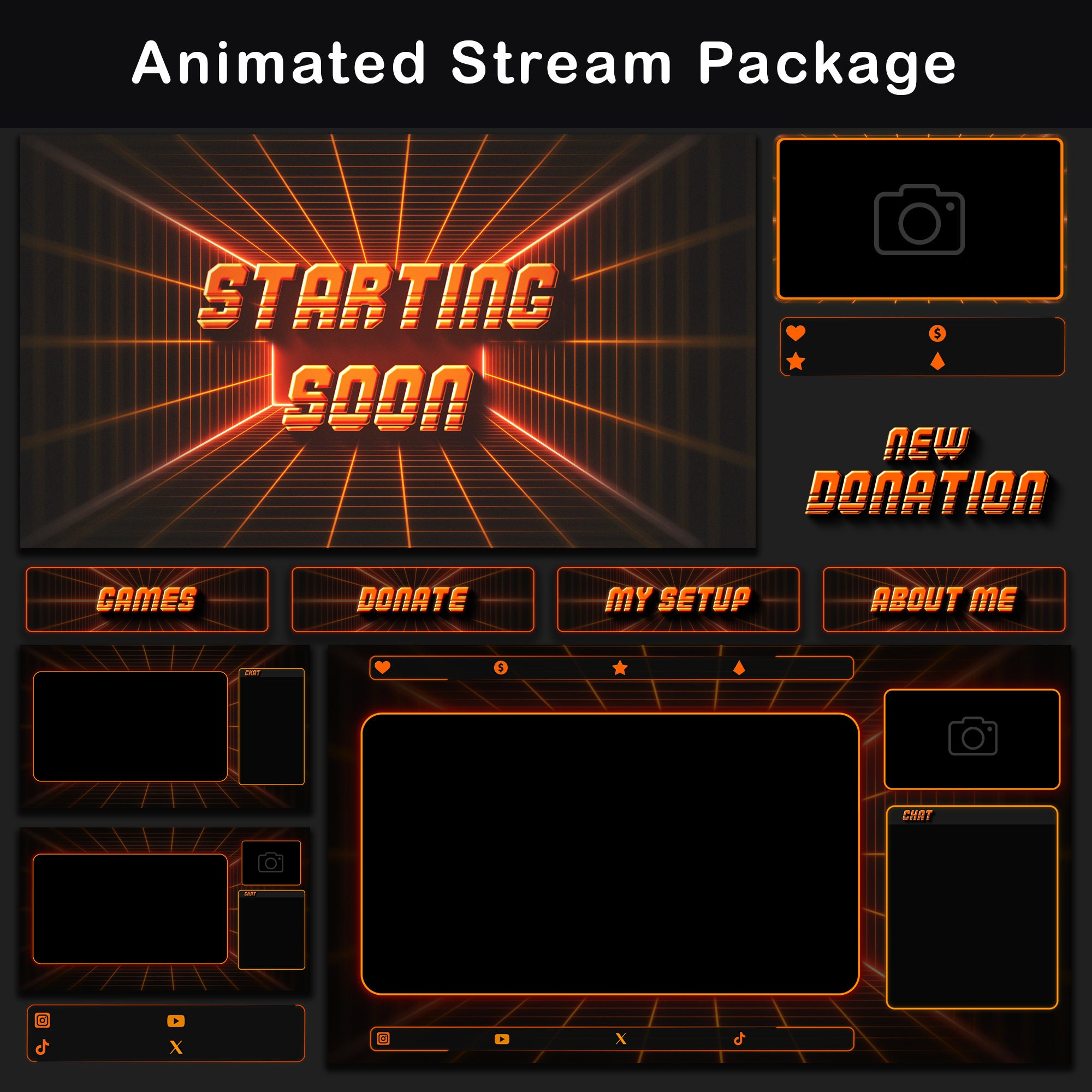 Animated Retro Twitch Overlays Pack Orange Stream Package Alerts ...
